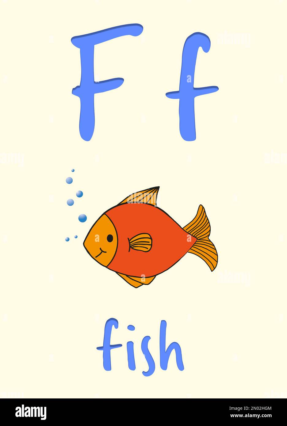 Learning English alphabet. Card with letter F and fish, illustration ...