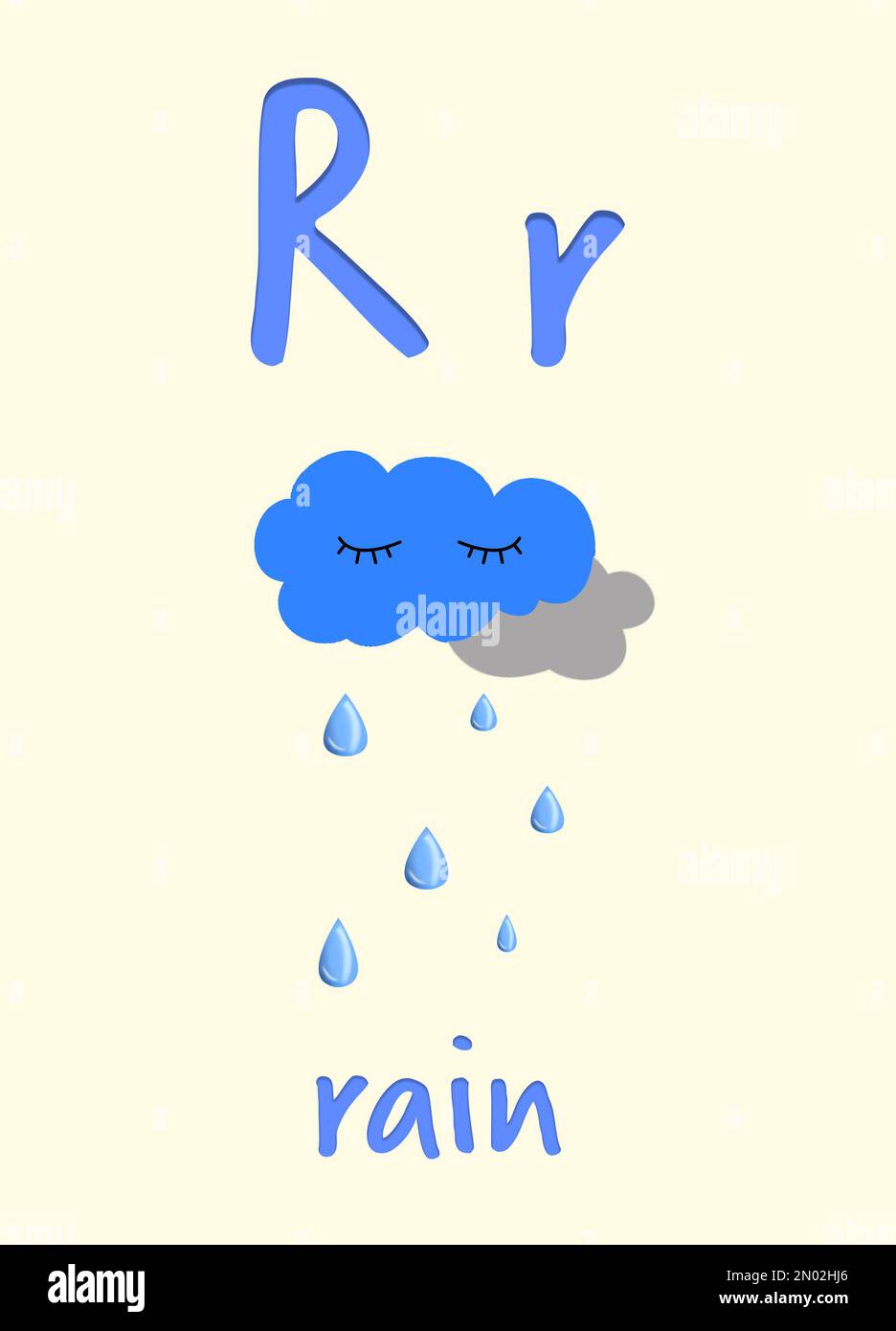 Learning English alphabet. Card with letter R and rain, illustration ...