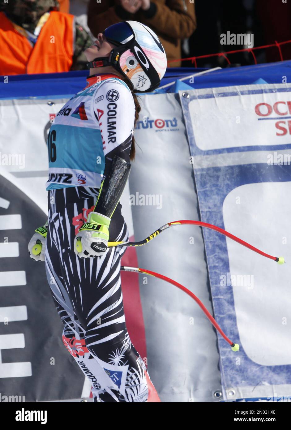 Liechtenstein's Tina Weirather reacts at finish line during the women's ...