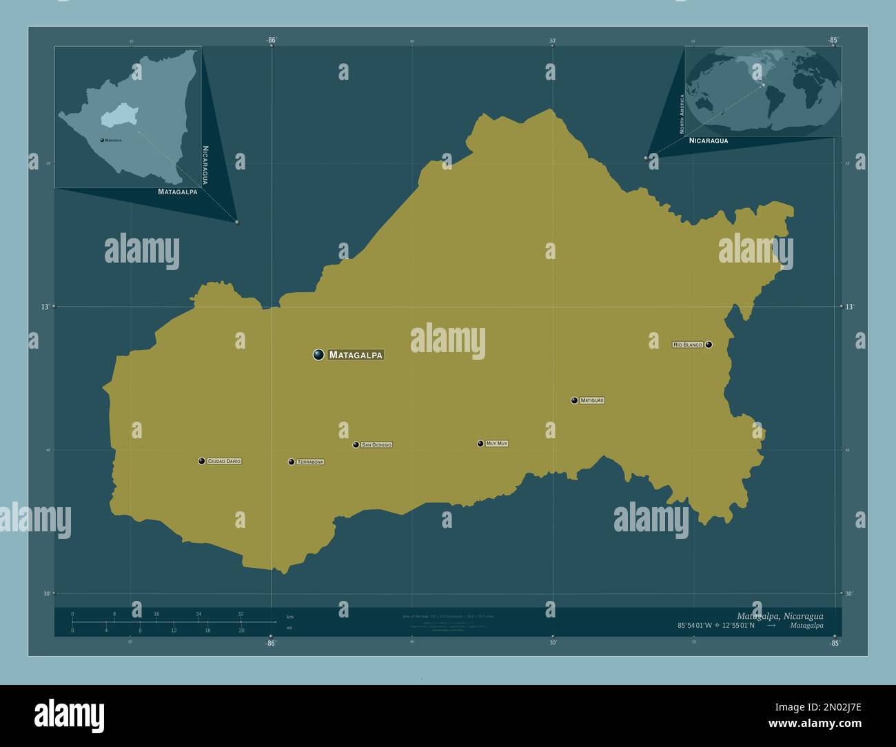 Matagalpa, department of Nicaragua. Solid color shape. Locations and ...