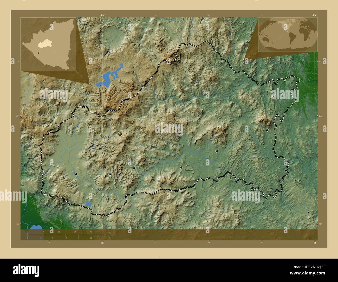 Matagalpa, department of Nicaragua. Colored elevation map with lakes ...