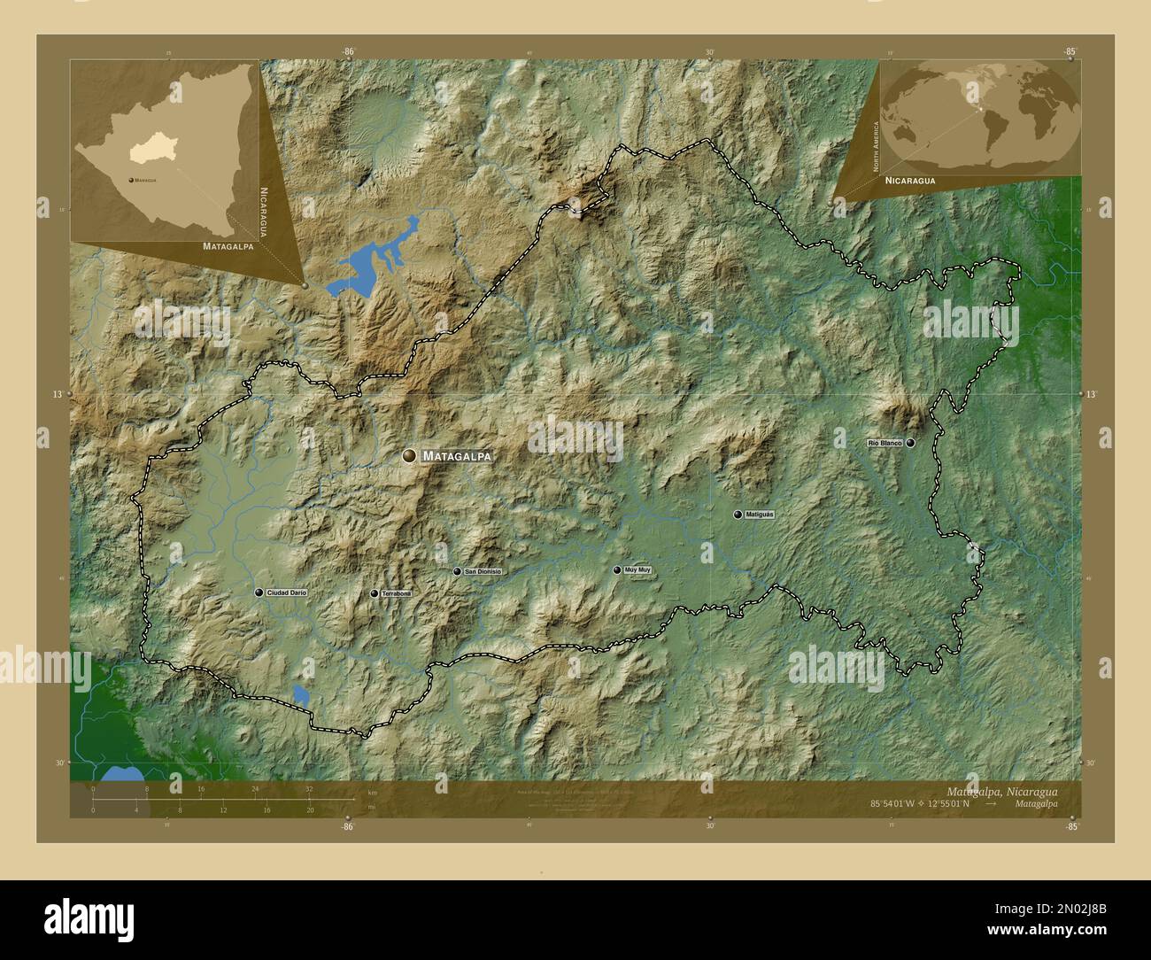 Matagalpa, department of Nicaragua. Colored elevation map with lakes ...