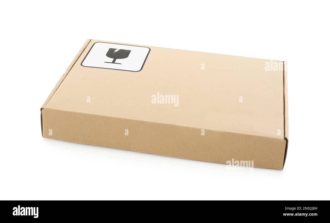 Cardboard box with packaging symbol isolated on white. Parcel delivery ...