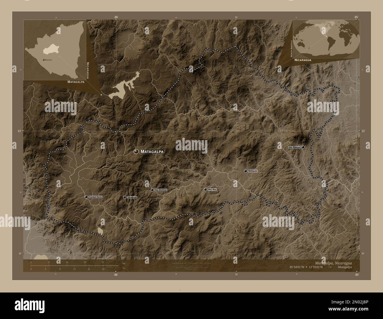 Matagalpa, department of Nicaragua. Elevation map colored in sepia ...