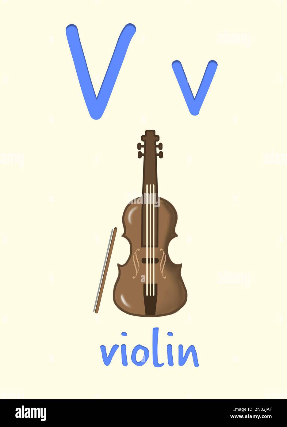 Learning English alphabet. Card with letter V and violin, illustration ...