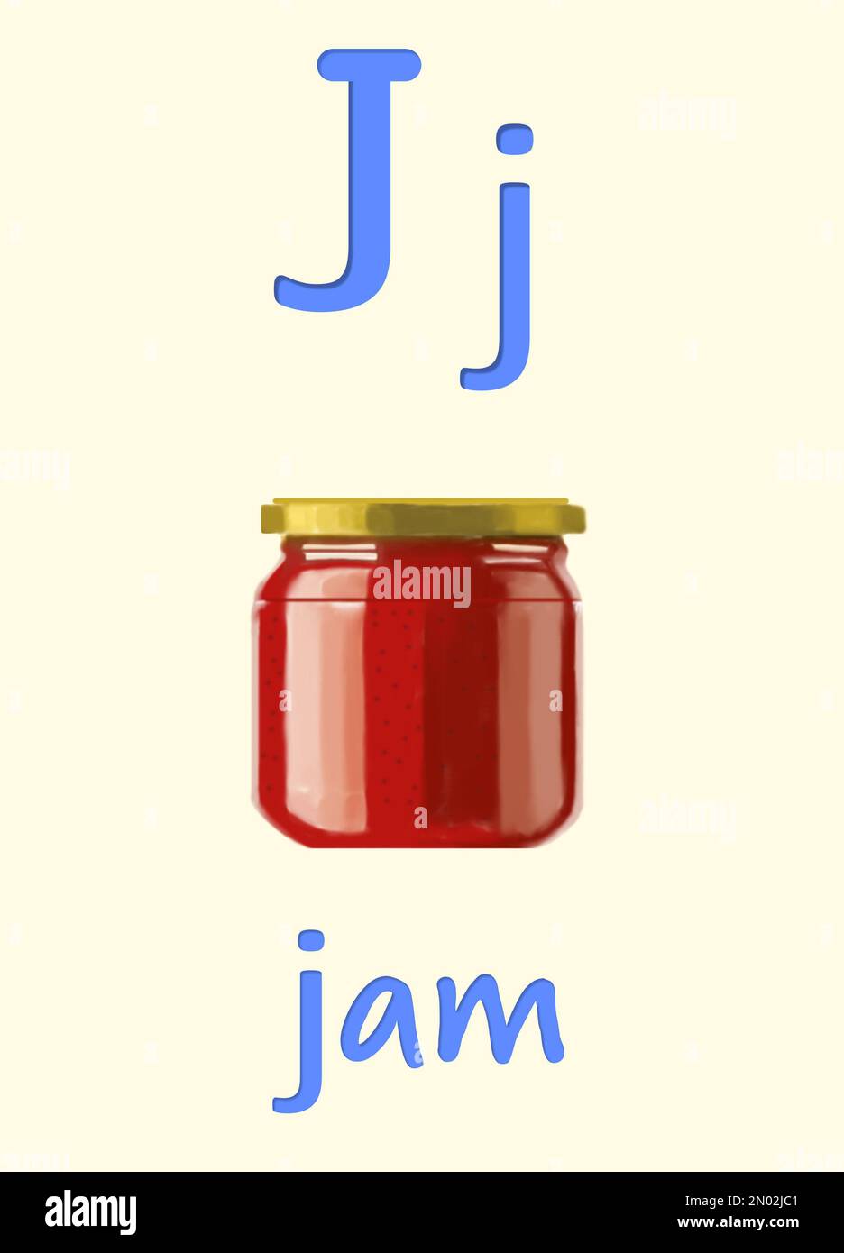 Learning English alphabet. Card with letter J and jam, illustration ...
