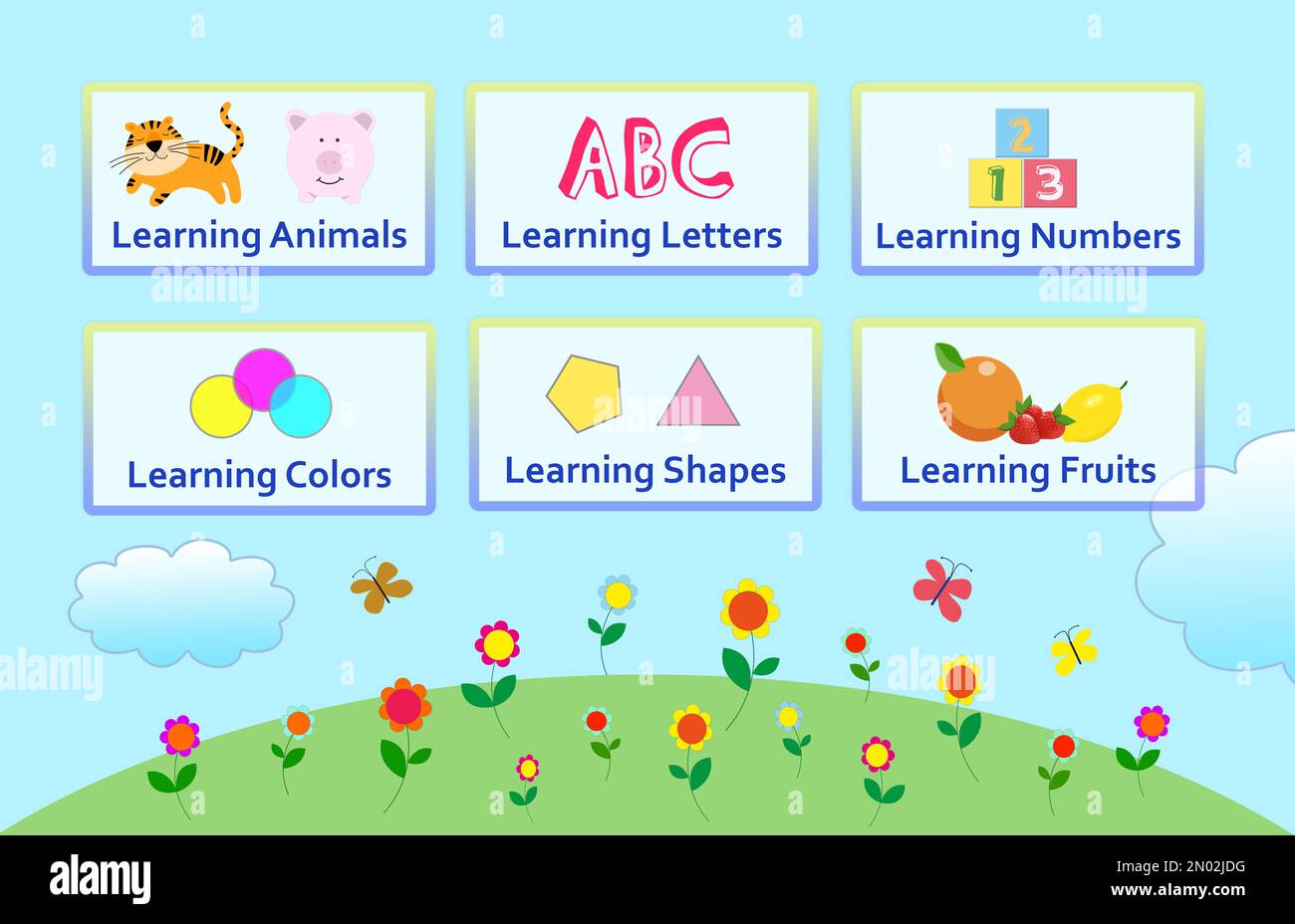 Educational application for kids. Bright menu illustration Stock Photo ...