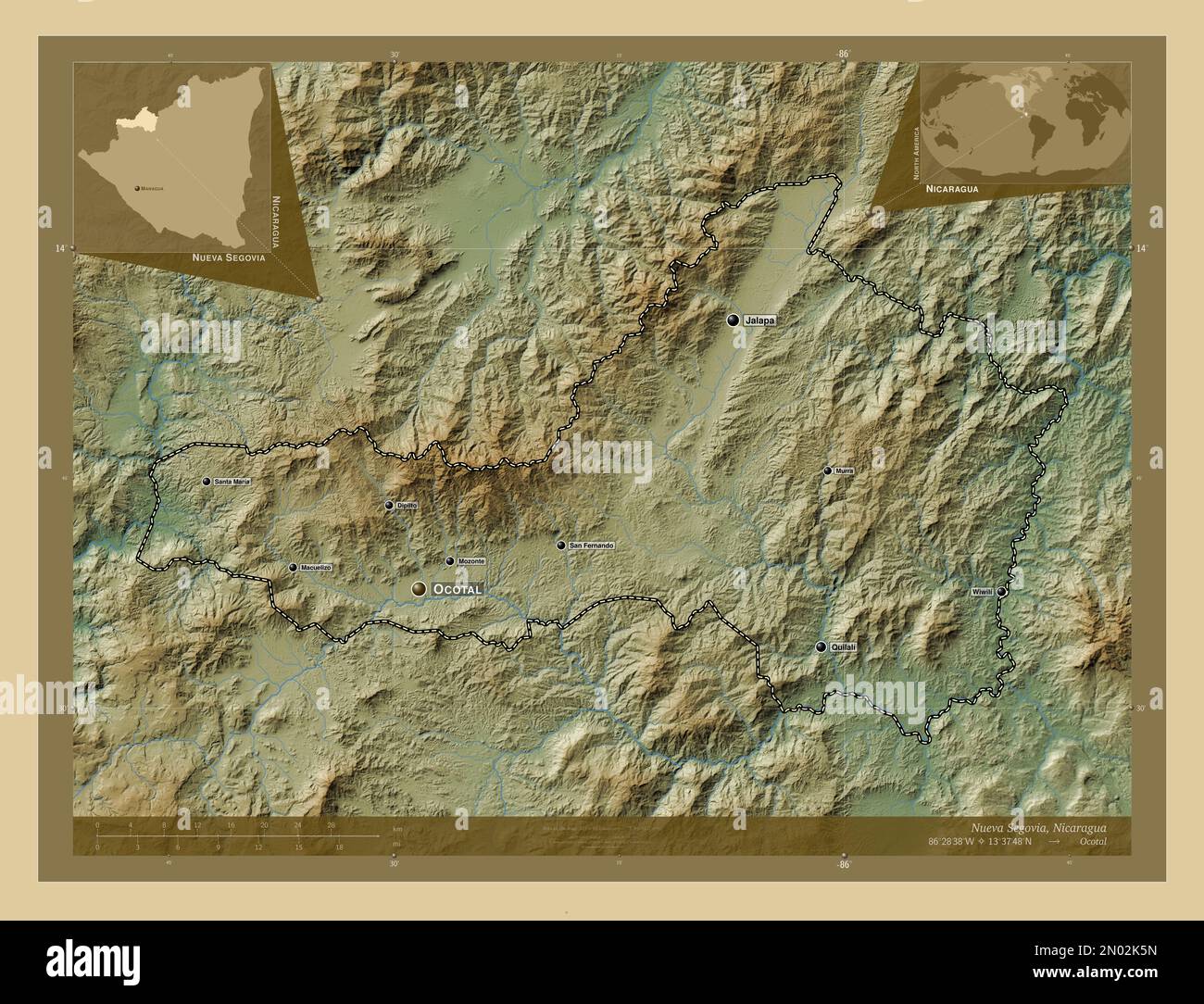 Nueva Segovia, department of Nicaragua. Colored elevation map with ...