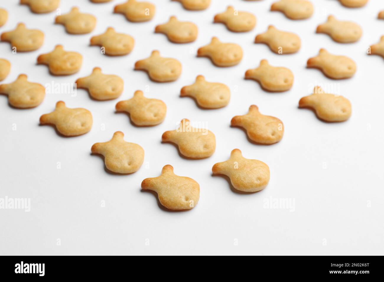 Delicious goldfish crackers on white background, closeup Stock Photo ...