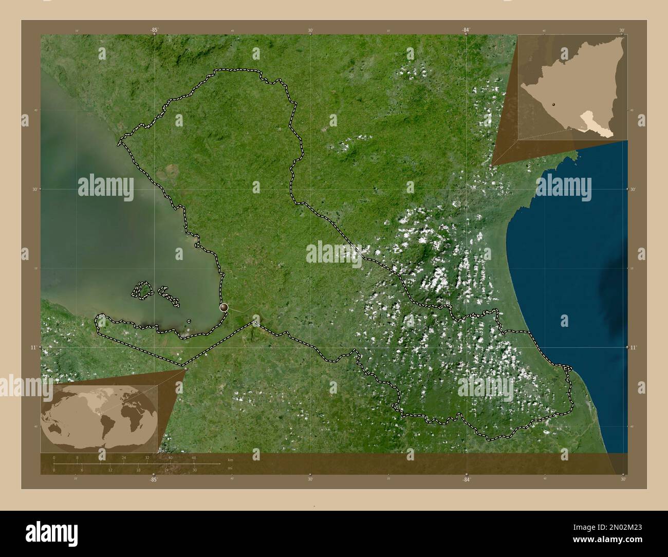 Rio San Juan, department of Nicaragua. Low resolution satellite map ...
