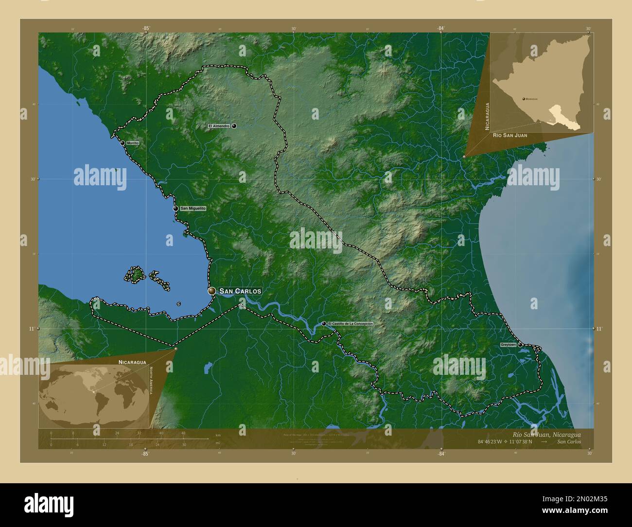 Rio San Juan, department of Nicaragua. Colored elevation map with lakes ...