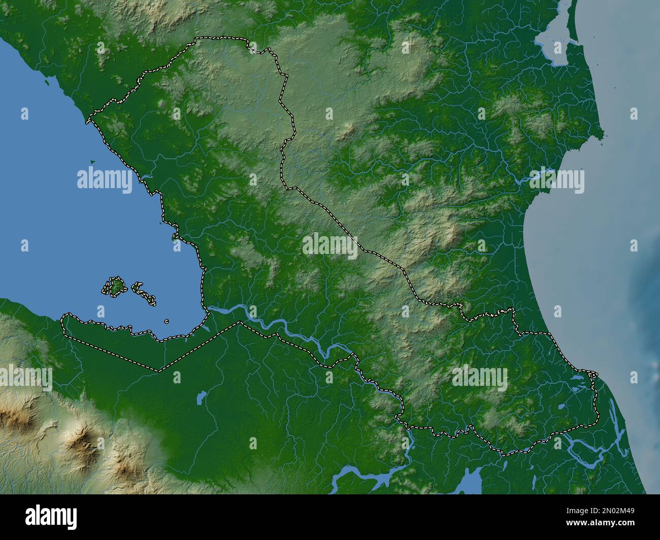 Rio San Juan, department of Nicaragua. Colored elevation map with lakes ...