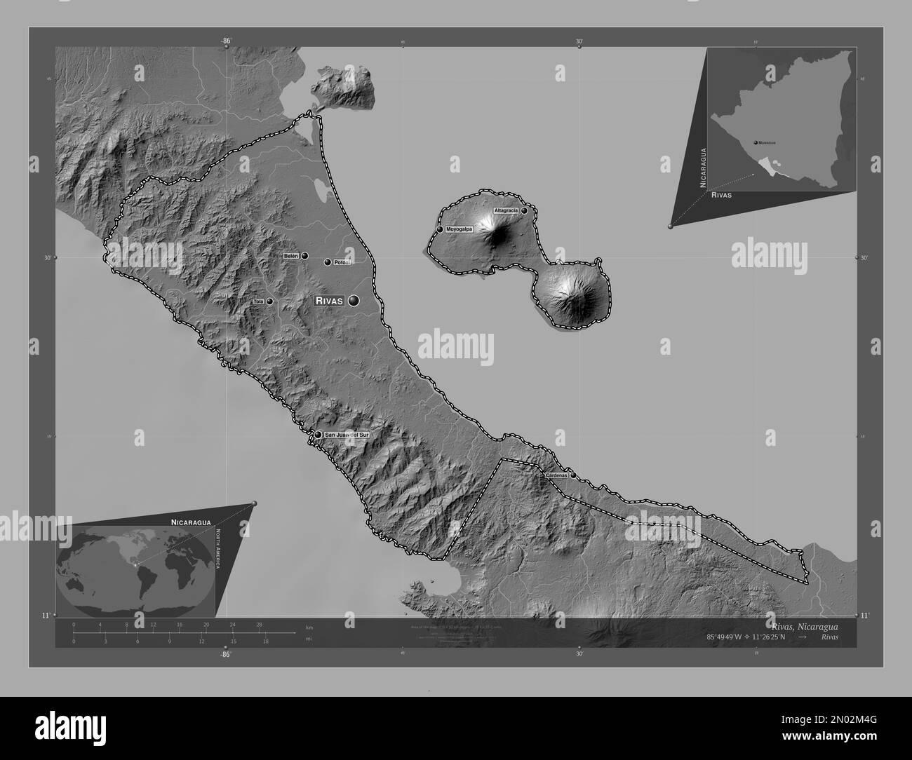 Rivas, department of Nicaragua. Bilevel elevation map with lakes and ...