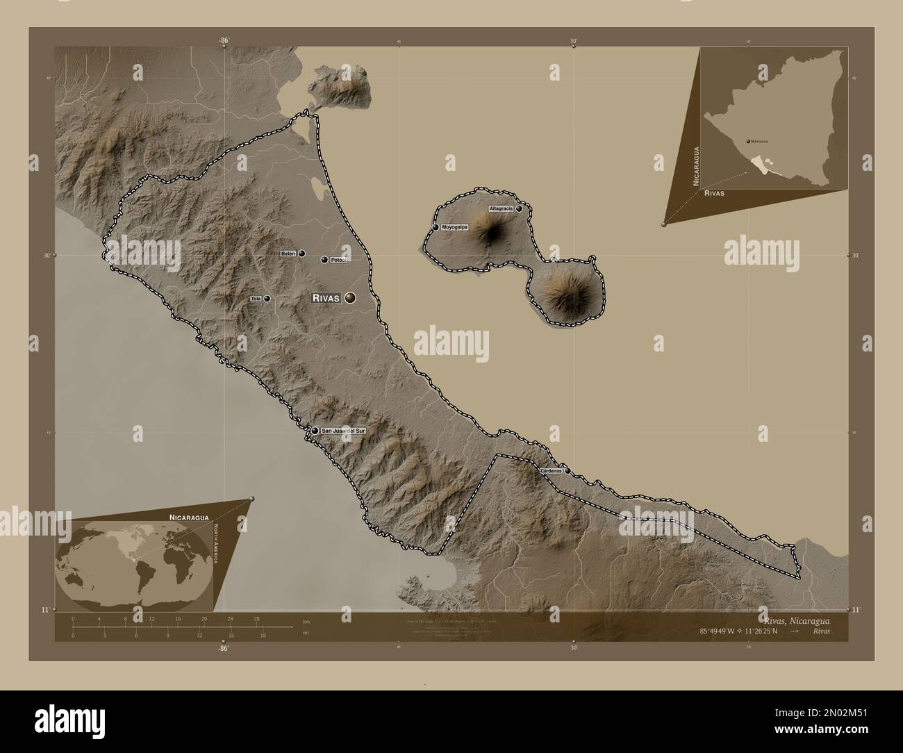 Rivas, department of Nicaragua. Elevation map colored in sepia tones ...