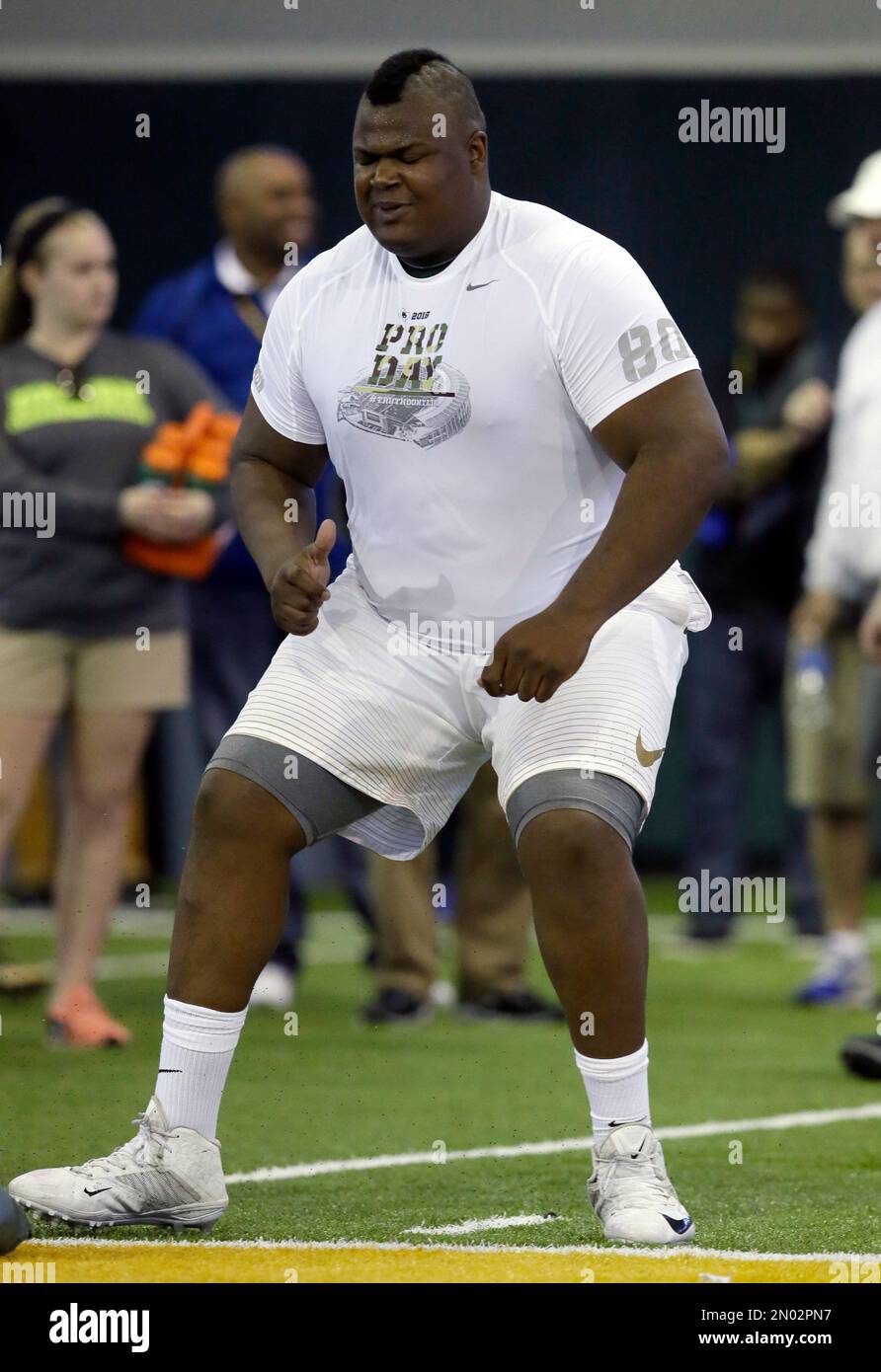 Offensive lineman LaQuan McGowan runs a drill for NFL scouts during the ...