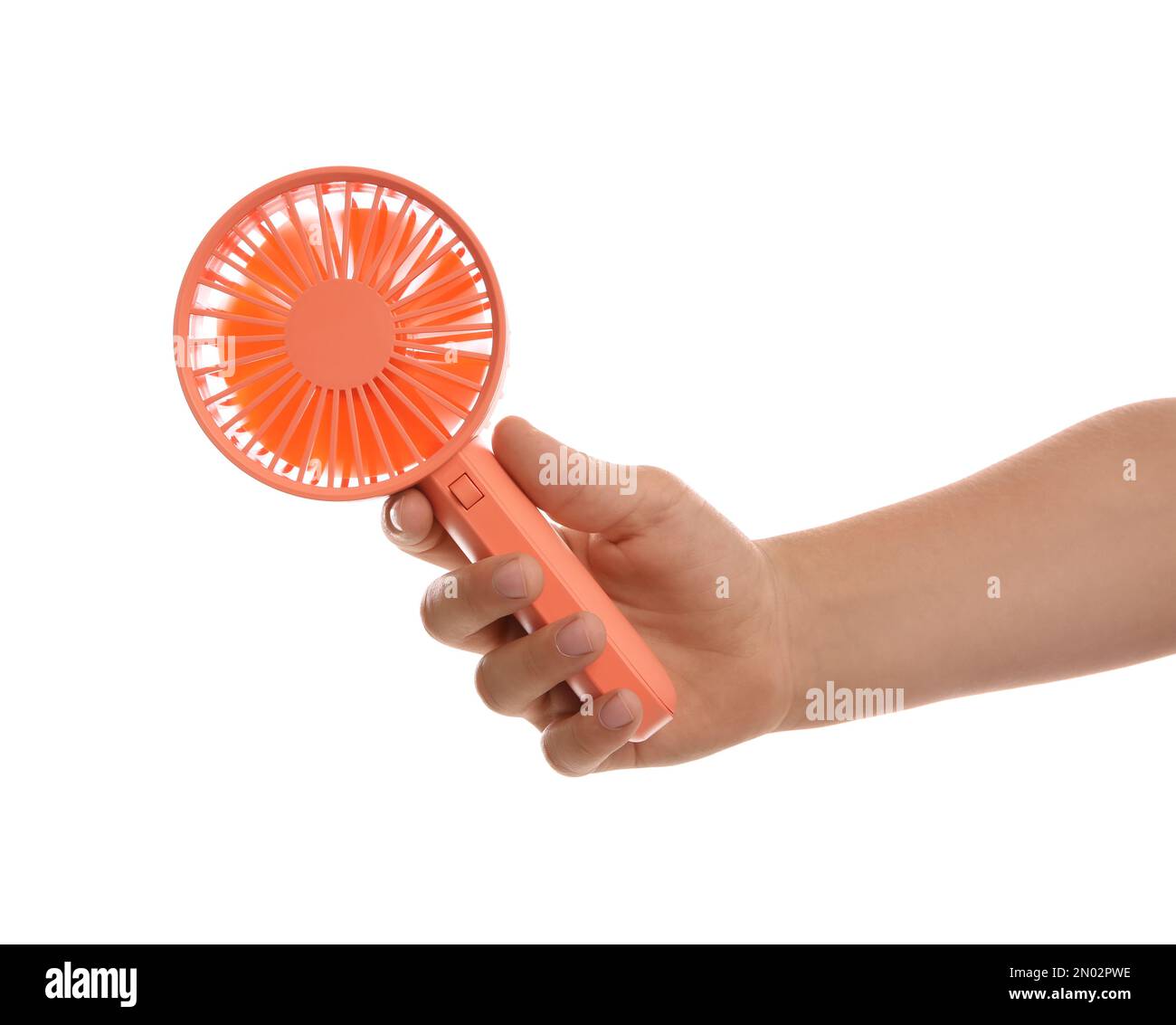 Little boy with portable fan on white background, closeup. Summer heat ...