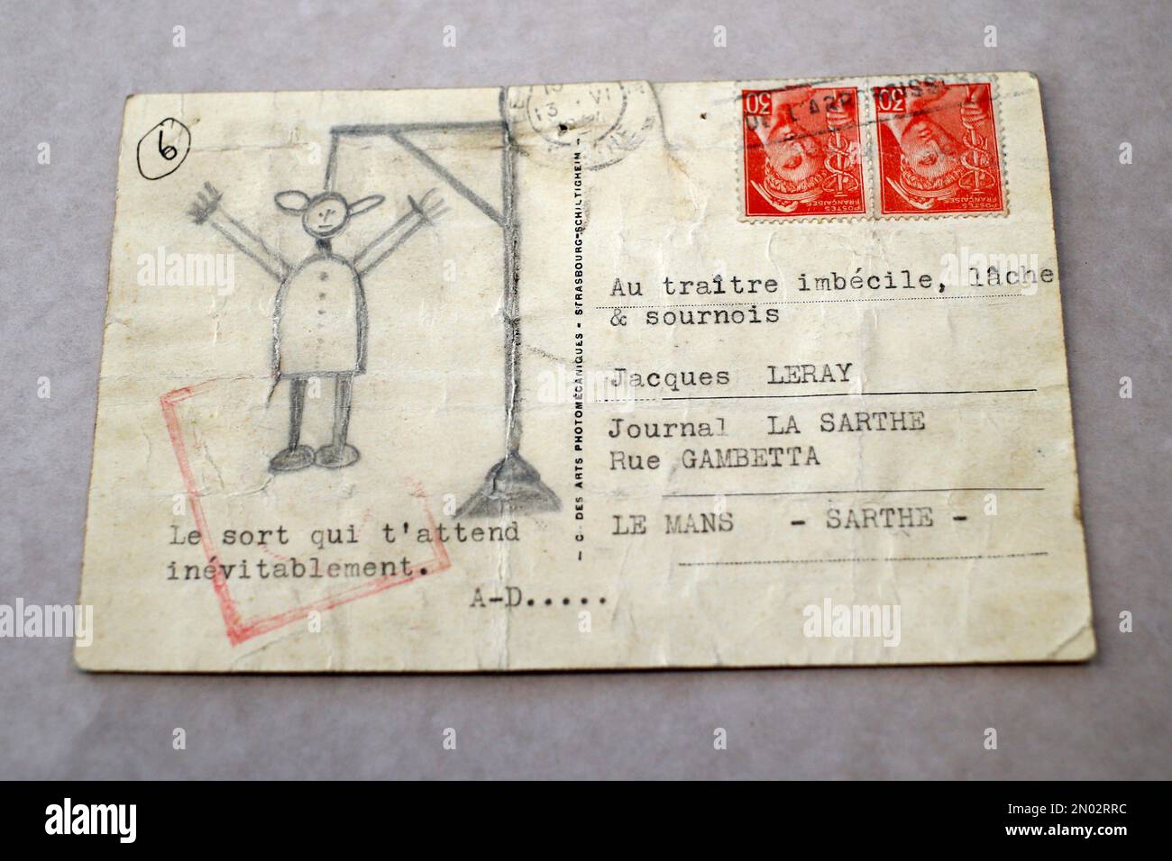 A postcard sent to a journalist in Le Mans central France, that reads ...