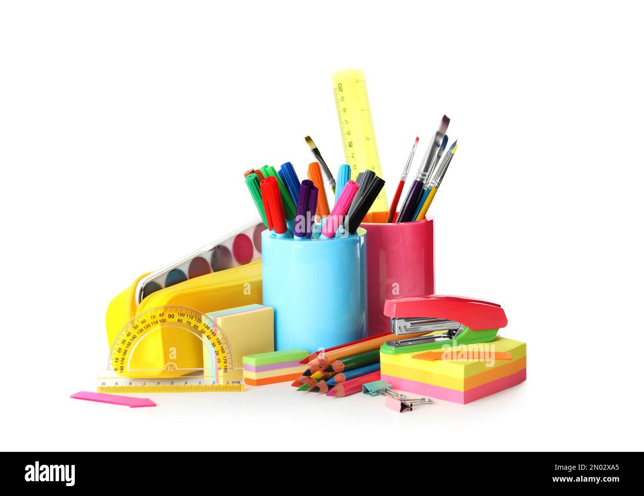 Set of colorful school stationery on white background Stock Photo - Alamy
