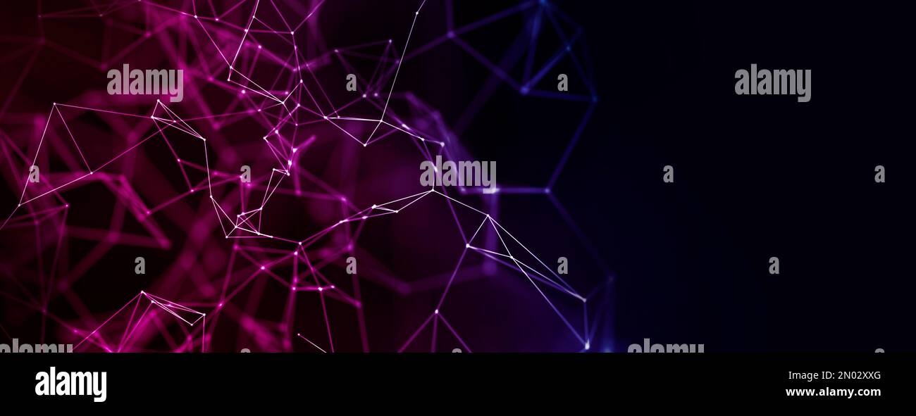 Abstract geometric data block chain with triangular cells connecting dots background in blue and ...