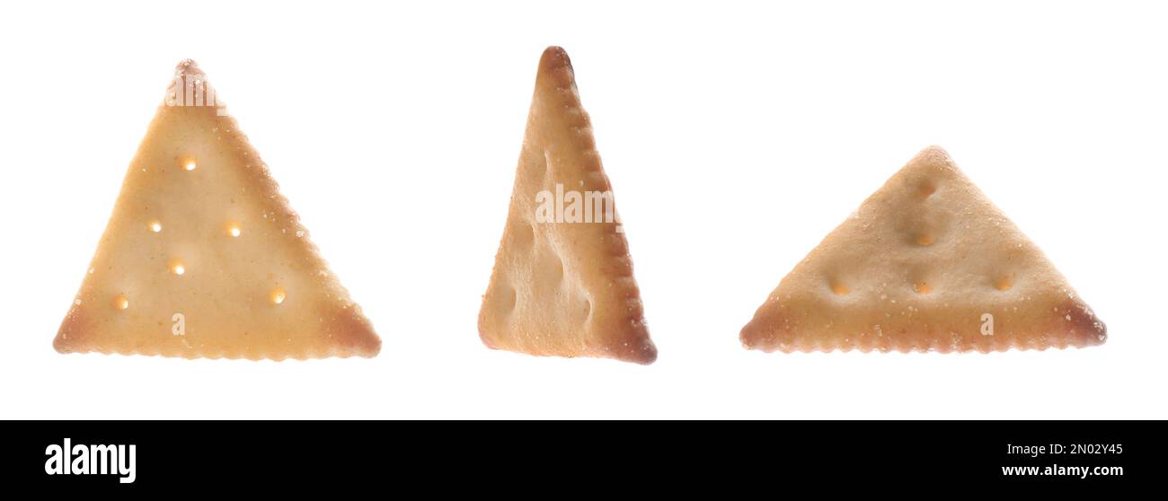 Collage of tasty crackers on white background Stock Photo - Alamy