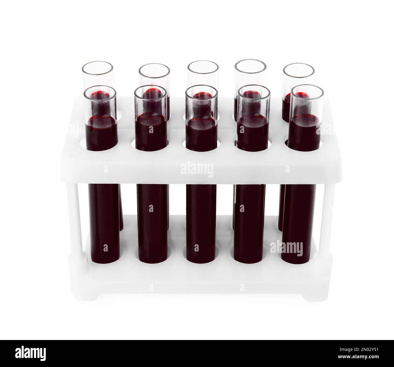 Test tubes with blood samples in rack on white background. Laboratory ...