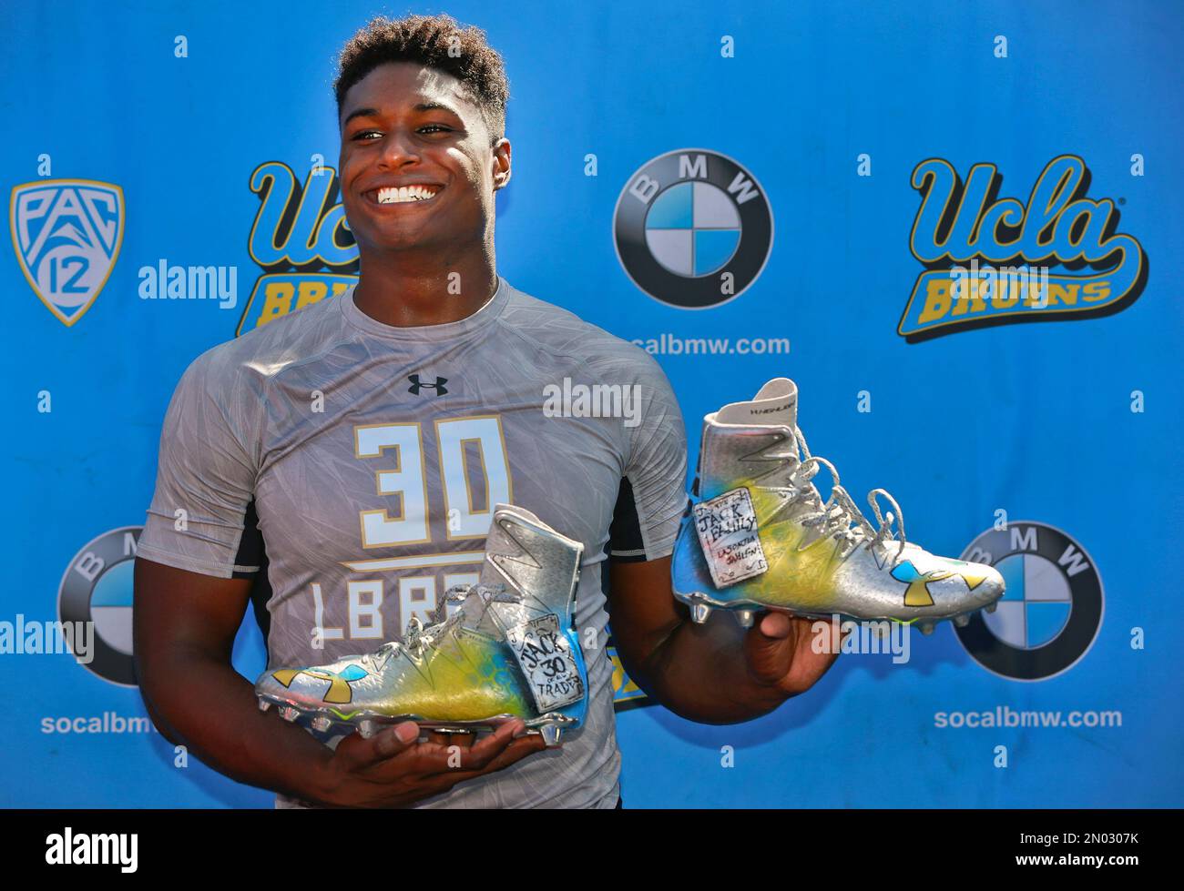 UCLA linebacker Myles Jack poses with his self-designed "Jack of all ...