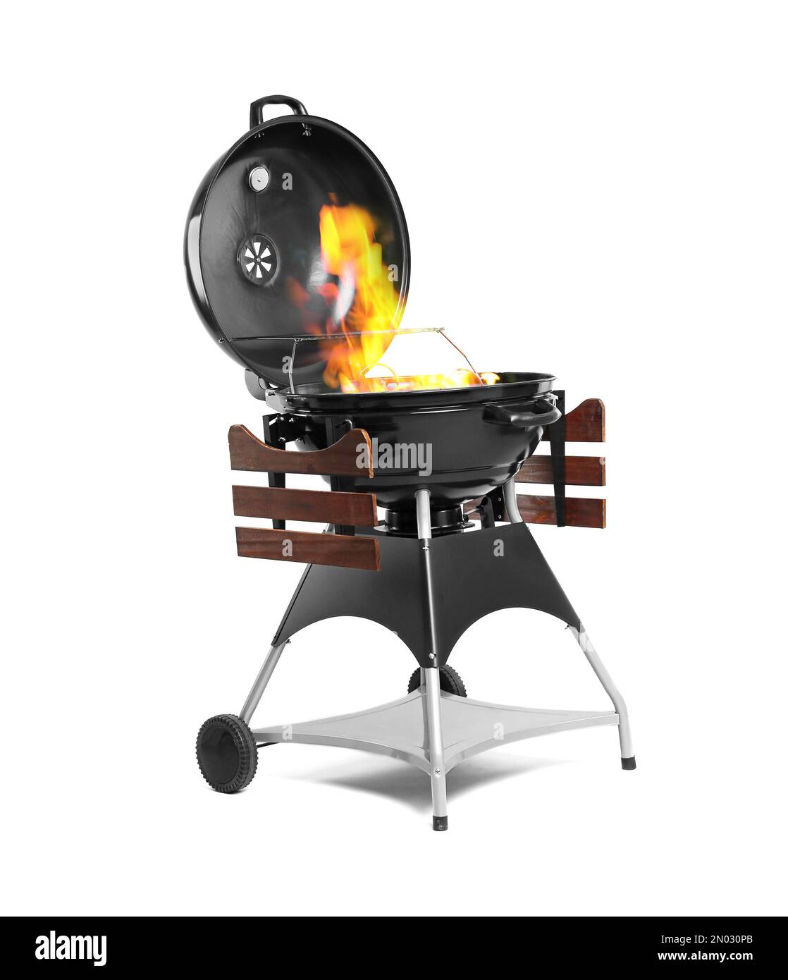 Barbecue grill with fire flames on white background Stock Photo - Alamy