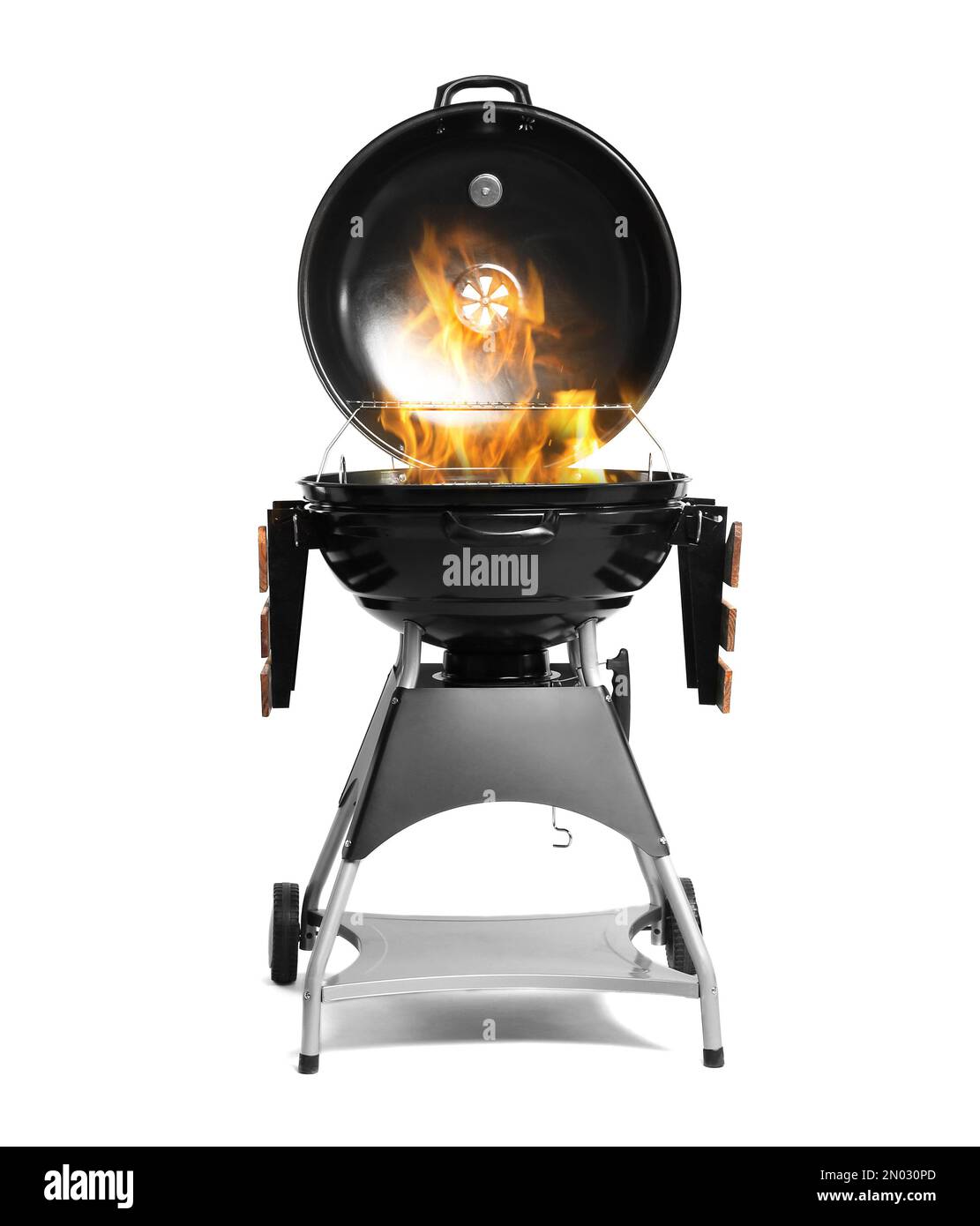 Barbecue grill with fire flames on white background Stock Photo - Alamy
