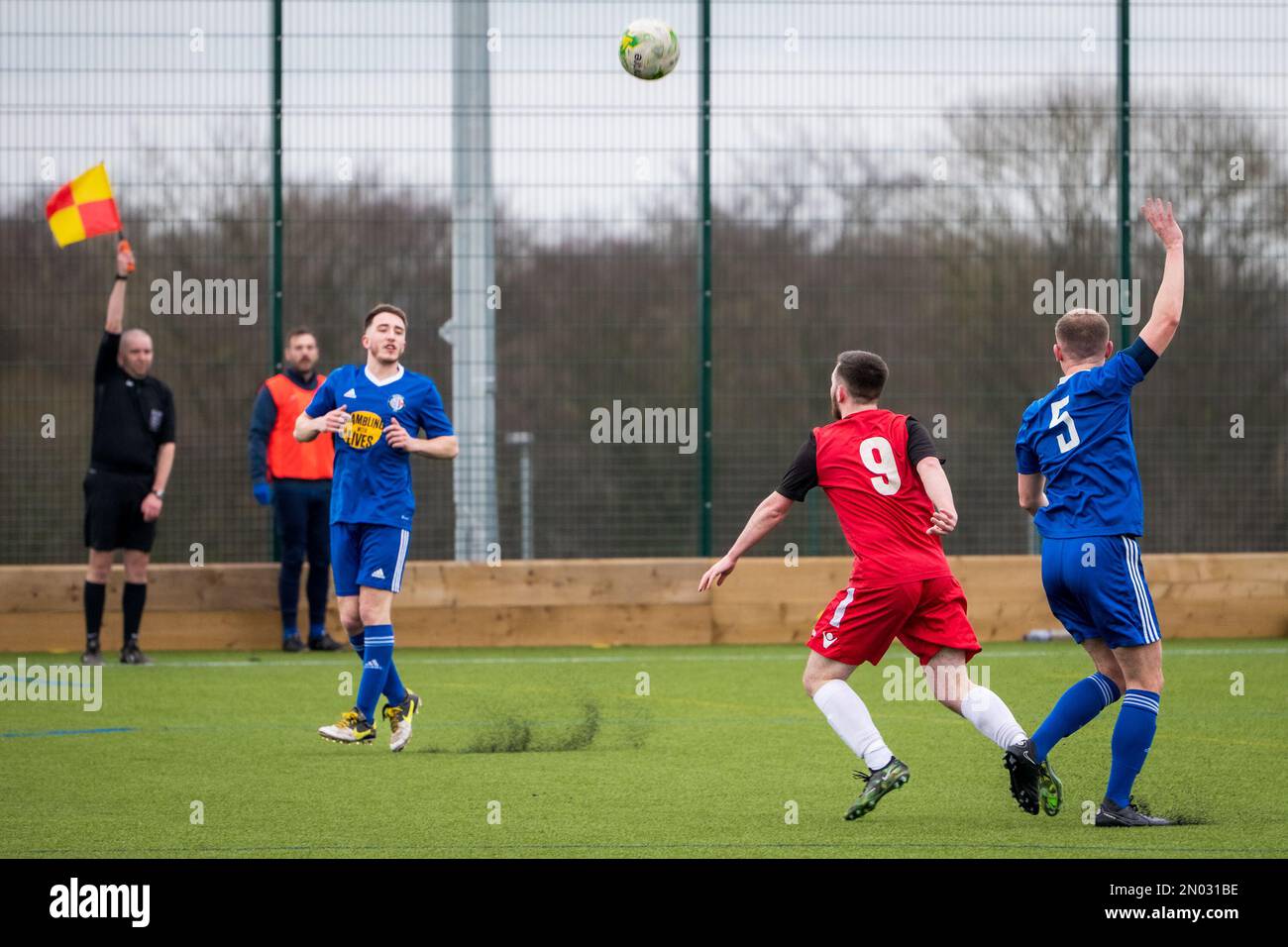 Leeds, UK. 4th February 2022. The assistant referee raises a flag ...