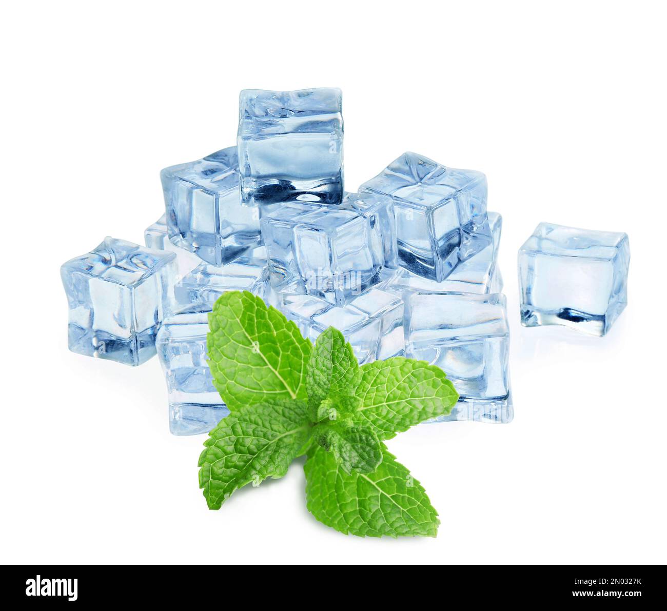 Ice cubes and green mint leaves on white background Stock Photo - Alamy