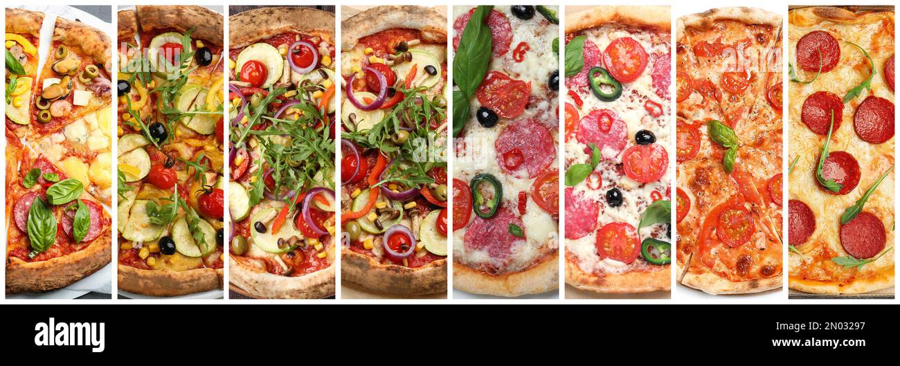 Collage with different pizzas, top view. Banner design Stock Photo - Alamy