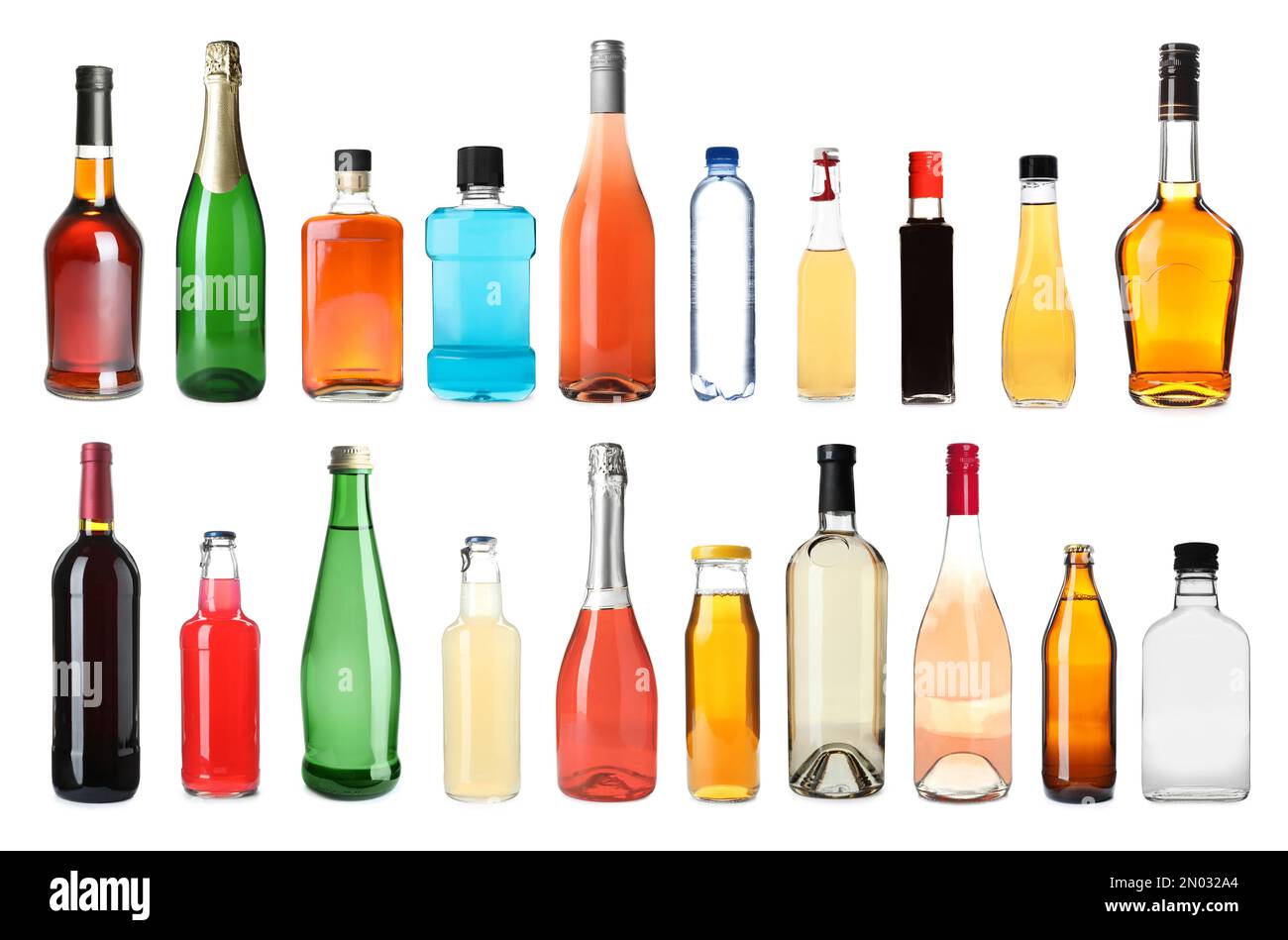 Set of bottles with different liquids on white background Stock Photo ...