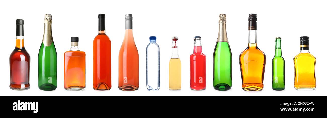 Set of bottles with different liquids on white background. Banner ...