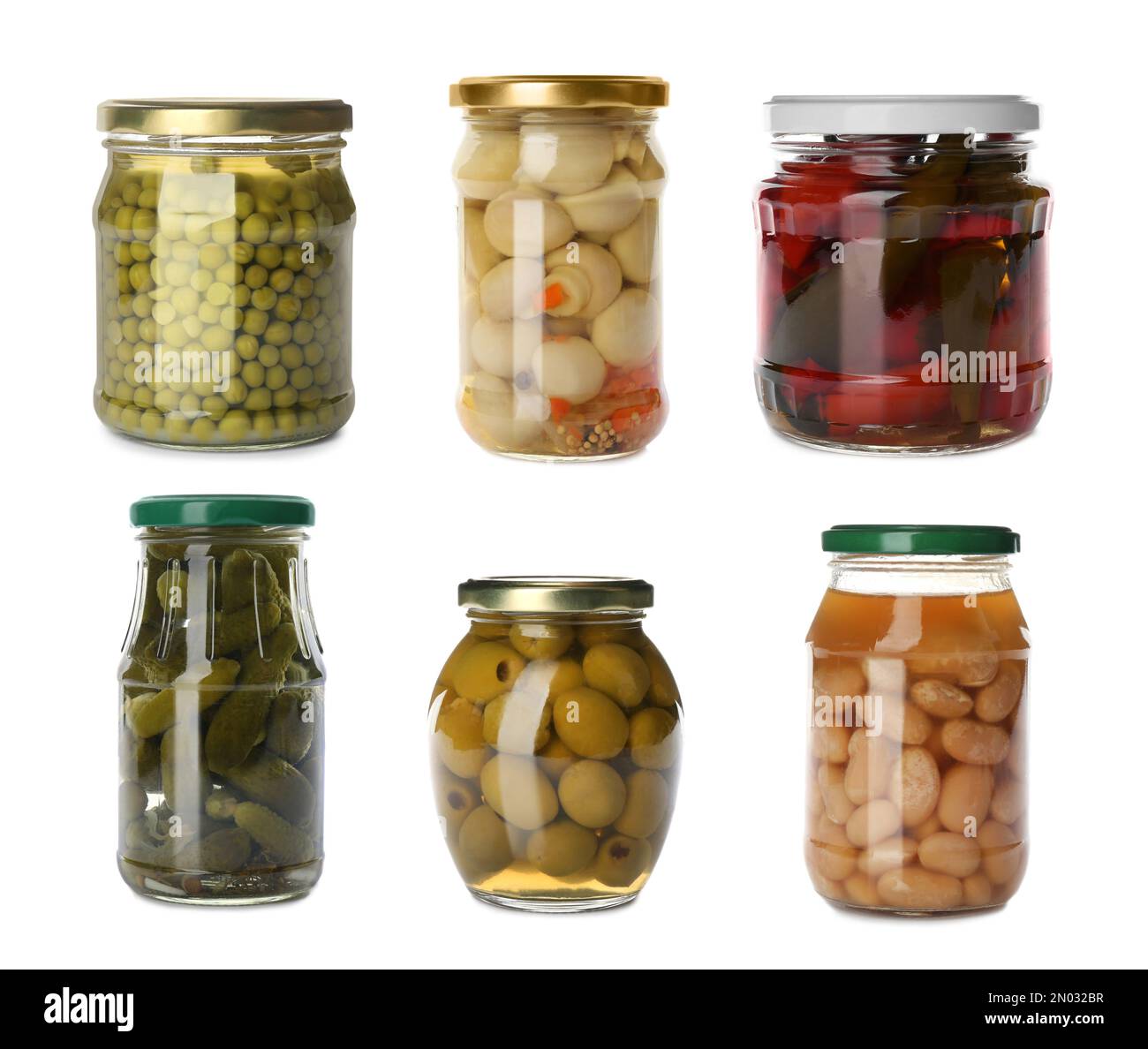 Set of jars with pickled foods on white background Stock Photo - Alamy