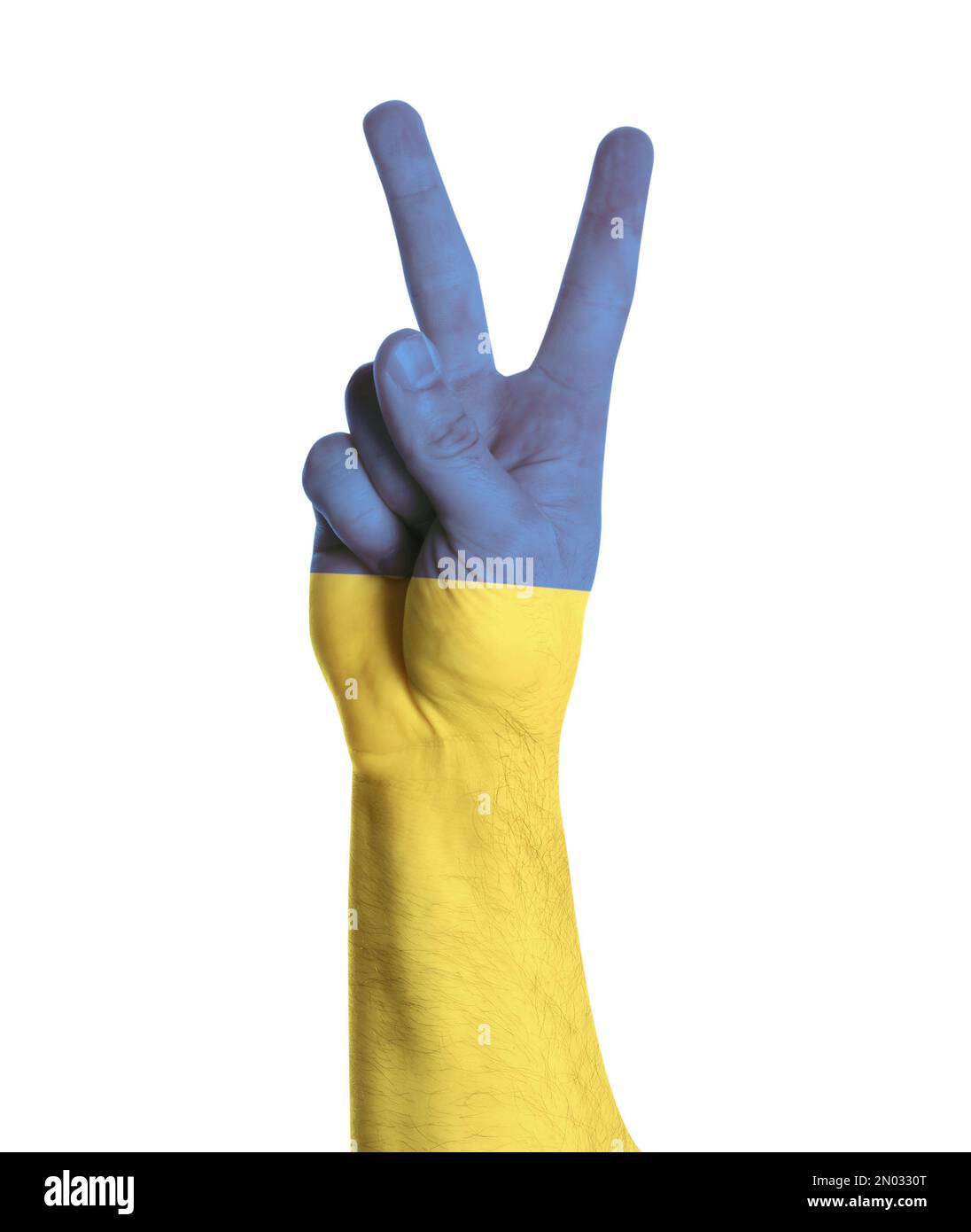 Man showing victory gesture, closeup. Hand in colors of Ukrainian flag ...