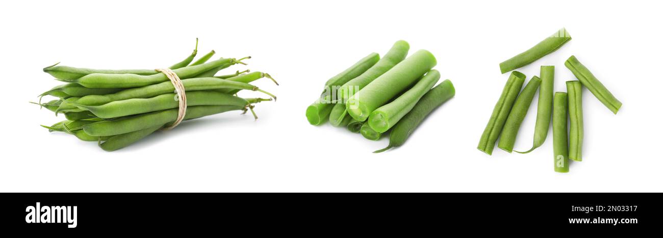 Set of fresh green beans on white background. Banner design Stock Photo ...