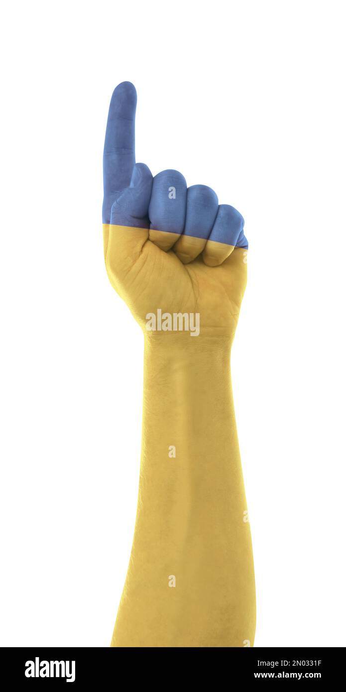 Man showing index finger, closeup. Hand in colors of Ukrainian flag ...