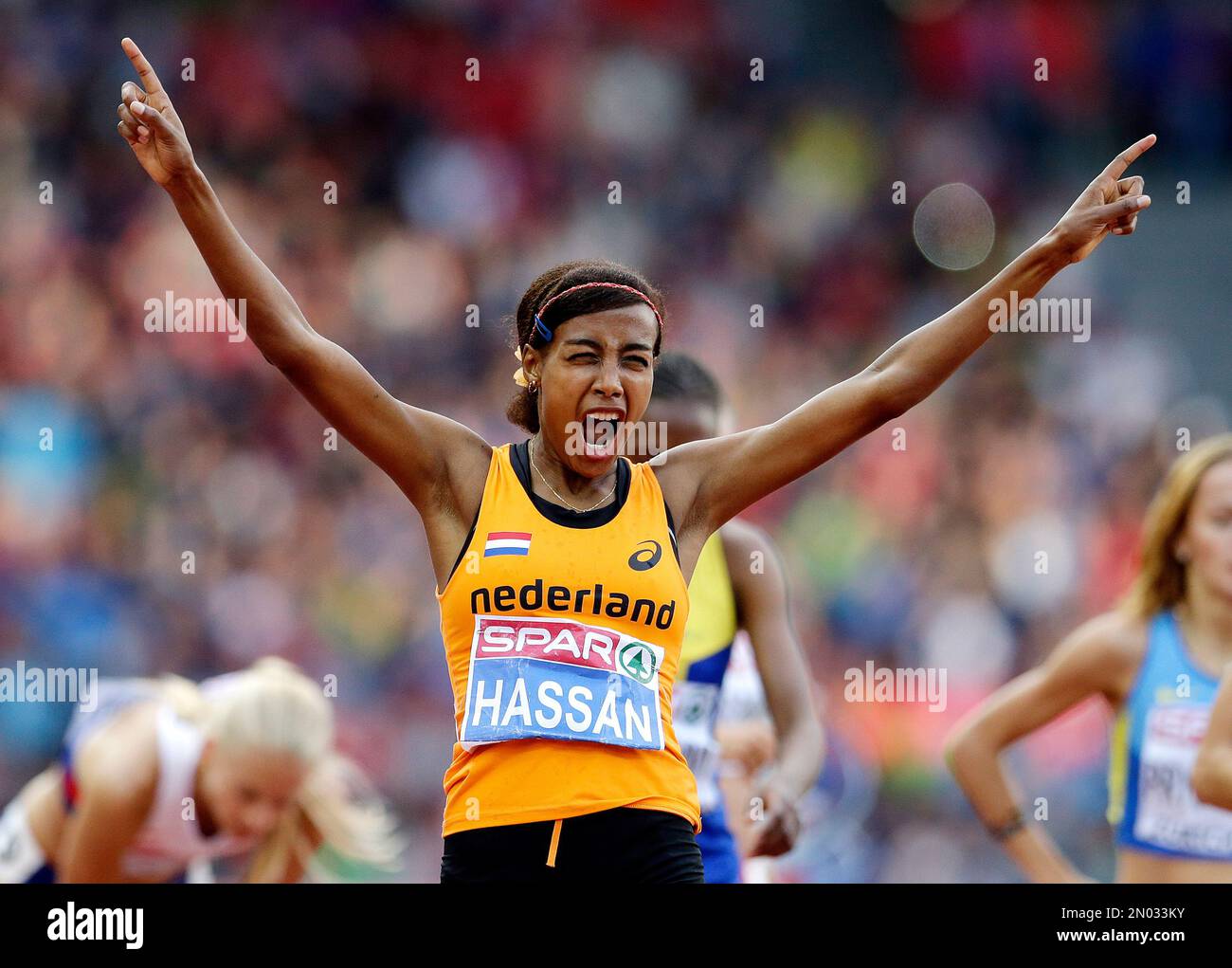 FILE - This is a Friday, Aug. 15, 2014 file photo of Netherlands' Sifan Hassan after she crosses ...