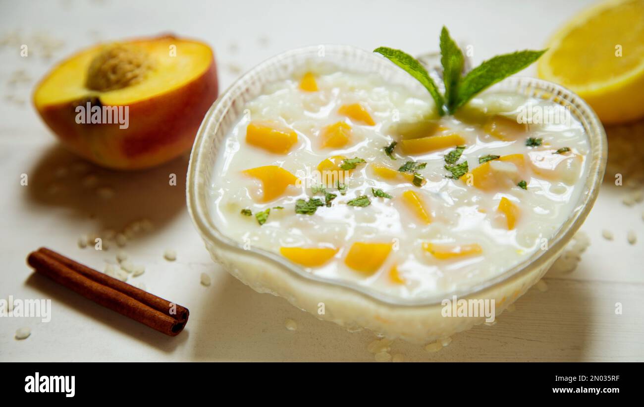 Rice pudding with fruit is a typical dessert of the gastronomy of many ...
