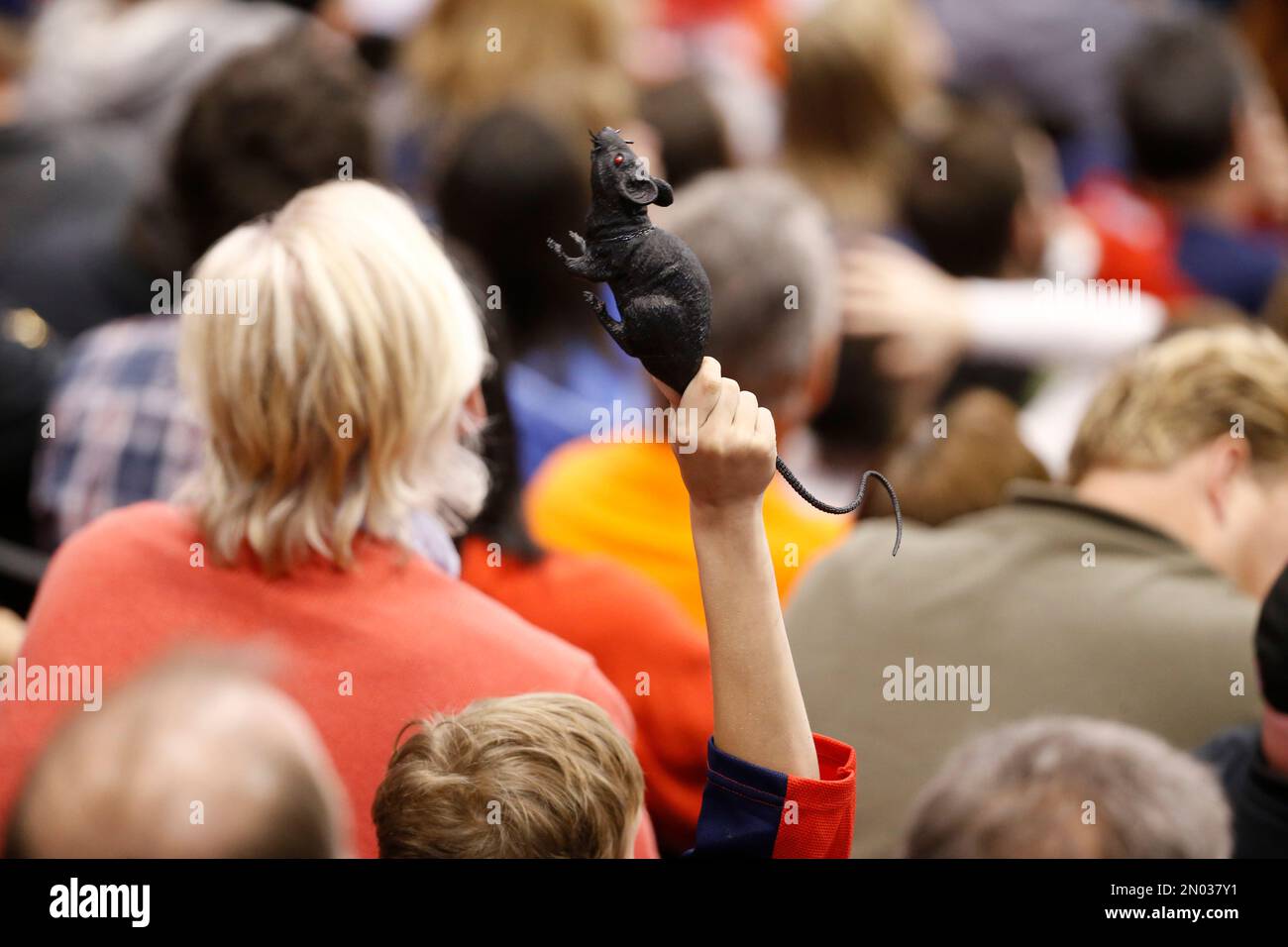 A fan holds up a plastic rat during an overtime period of an NHL hockey ...
