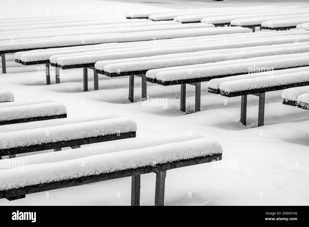 snowy steps on the shore of the lake, interesting patterns, foggy and ...