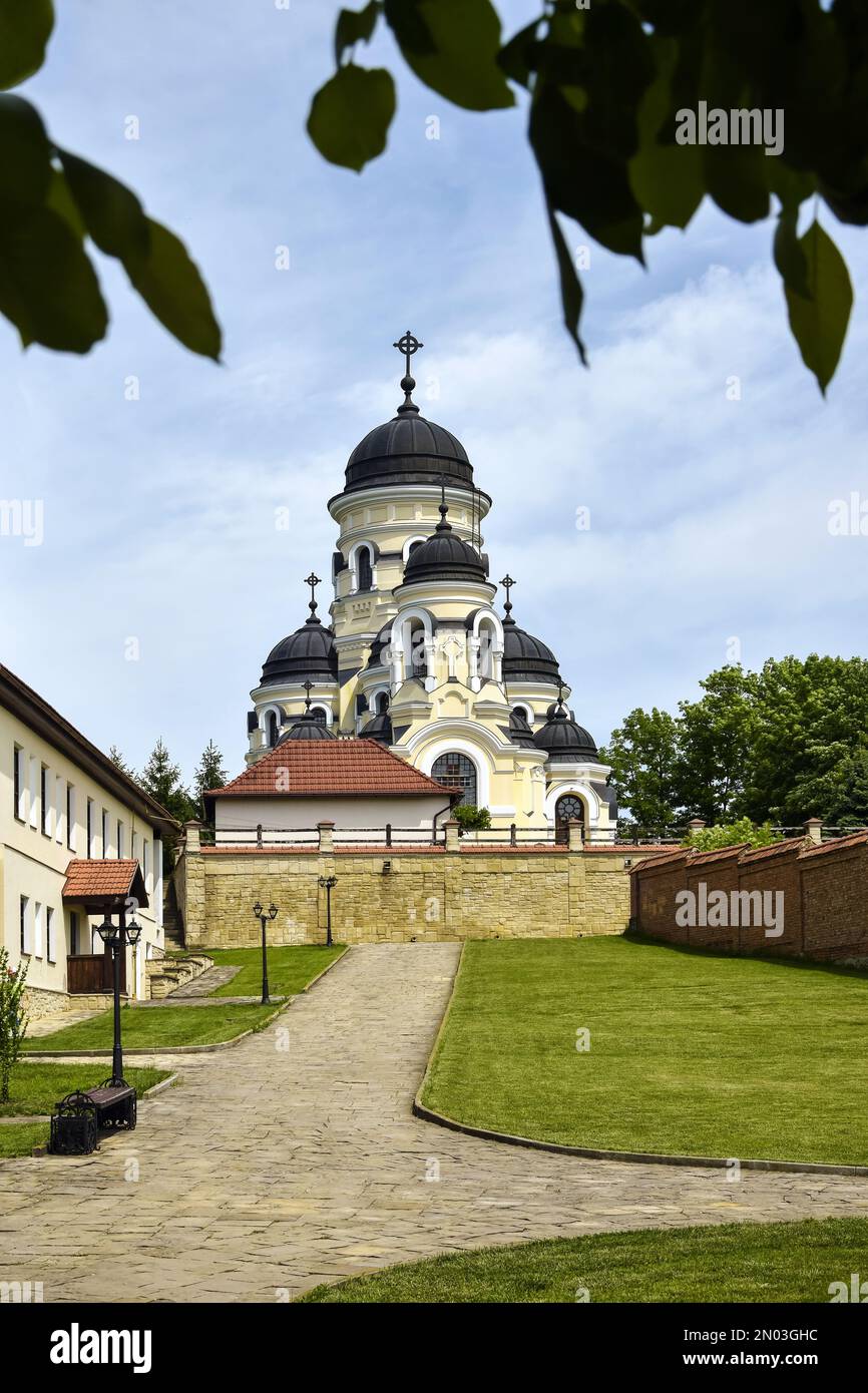 View of winter church of Holy Dormition Kapriansky Monastery in Moldova ...