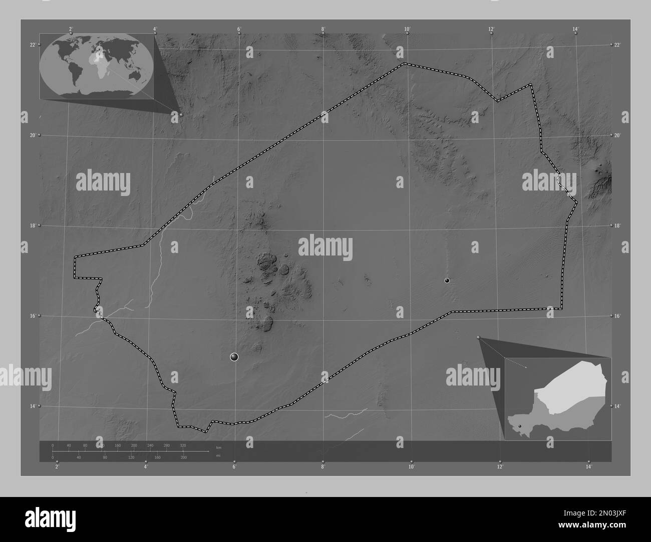 Agadez, department of Niger. Grayscale elevation map with lakes and ...