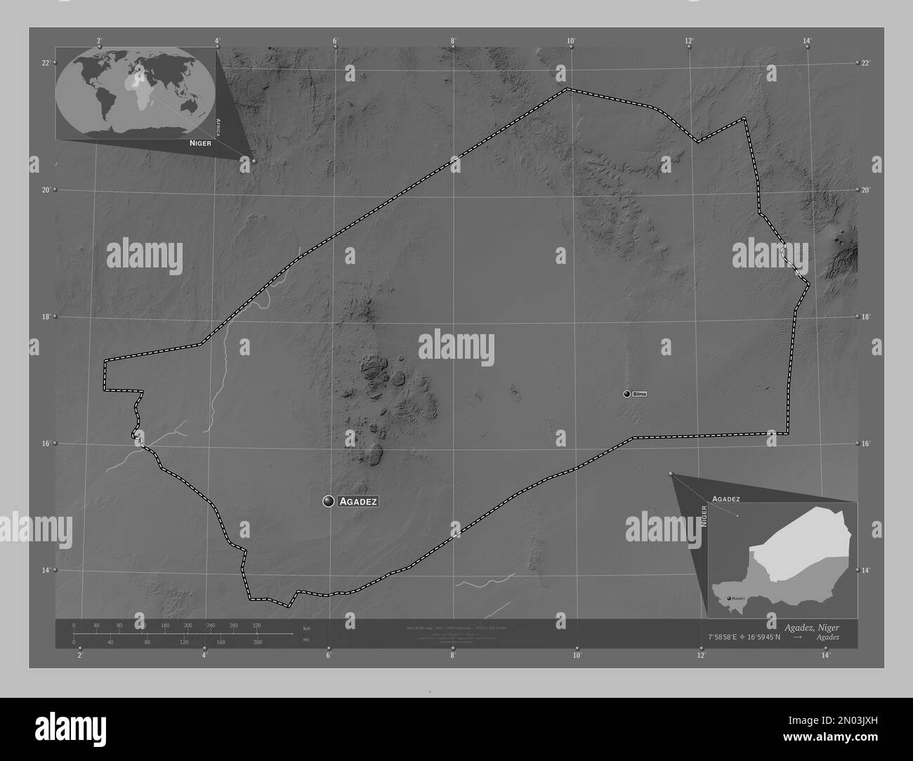 Agadez, department of Niger. Grayscale elevation map with lakes and ...