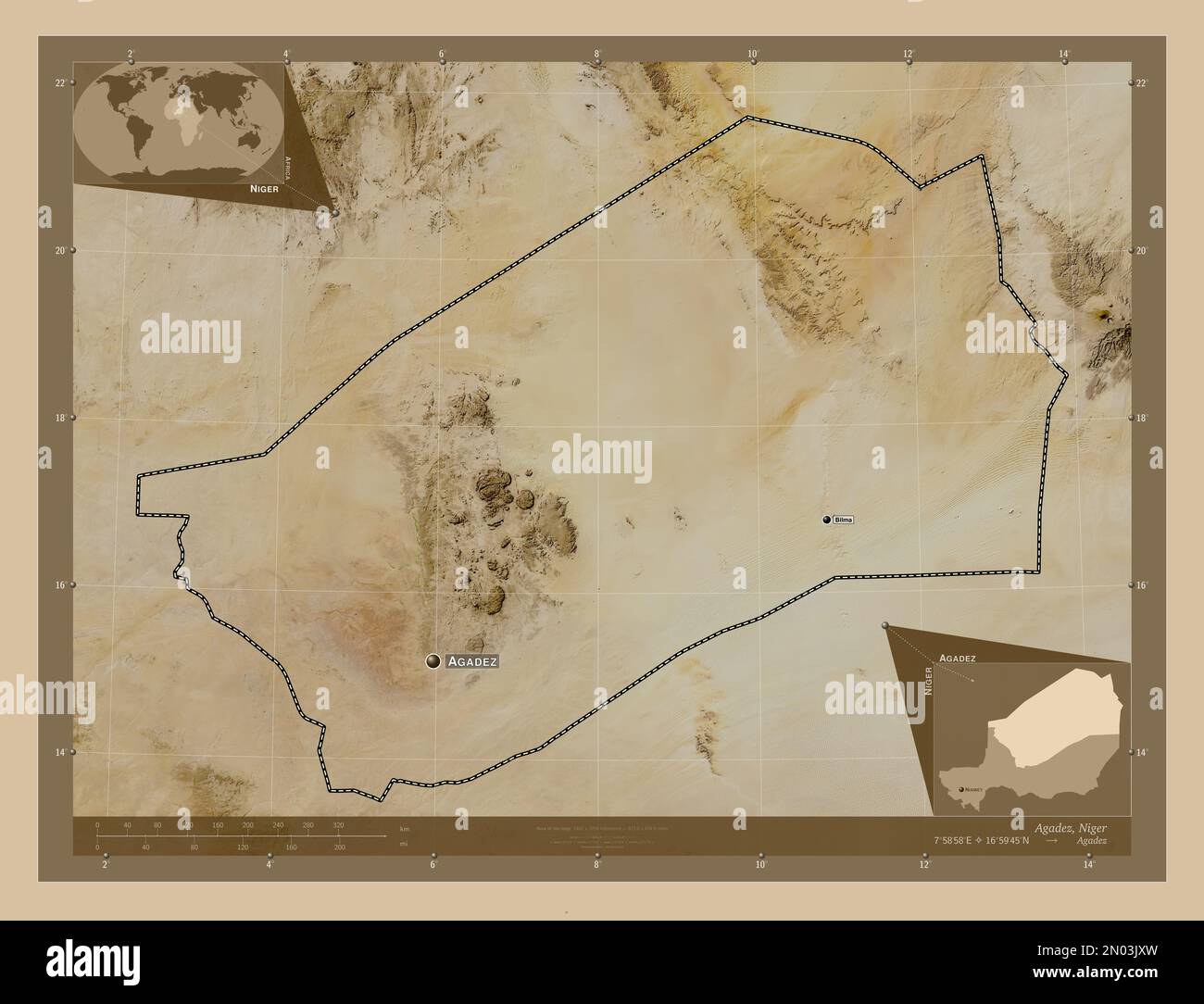 Agadez, department of Niger. Low resolution satellite map. Locations ...