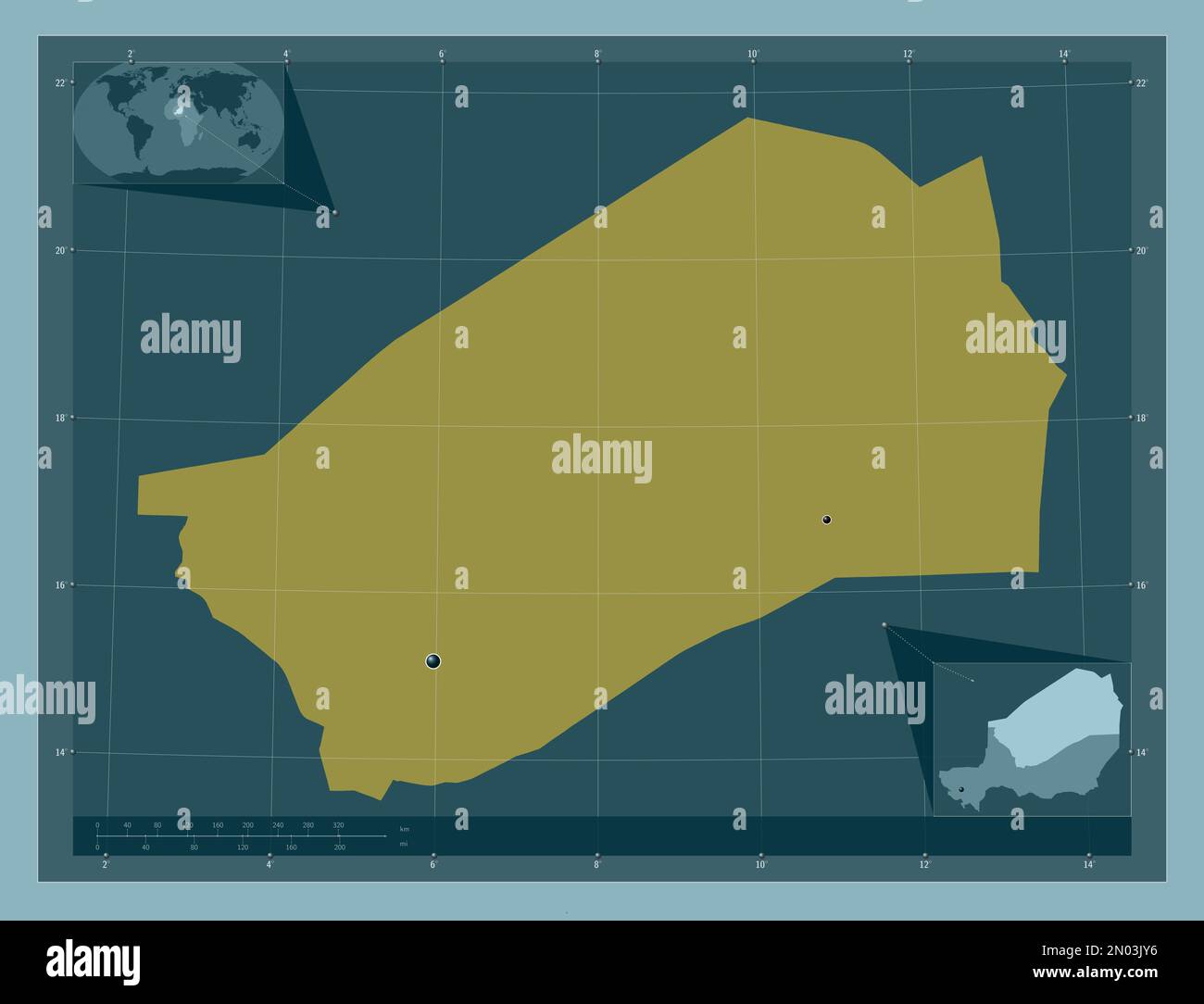 Agadez, department of Niger. Solid color shape. Locations of major ...