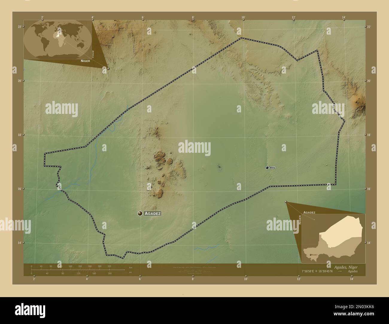 Agadez, department of Niger. Colored elevation map with lakes and ...