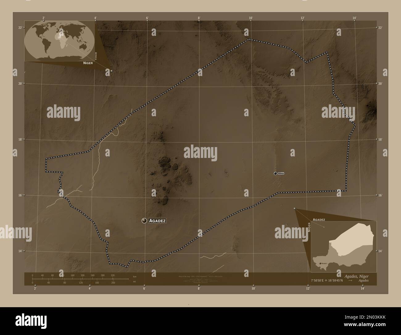 Agadez, department of Niger. Elevation map colored in sepia tones with ...