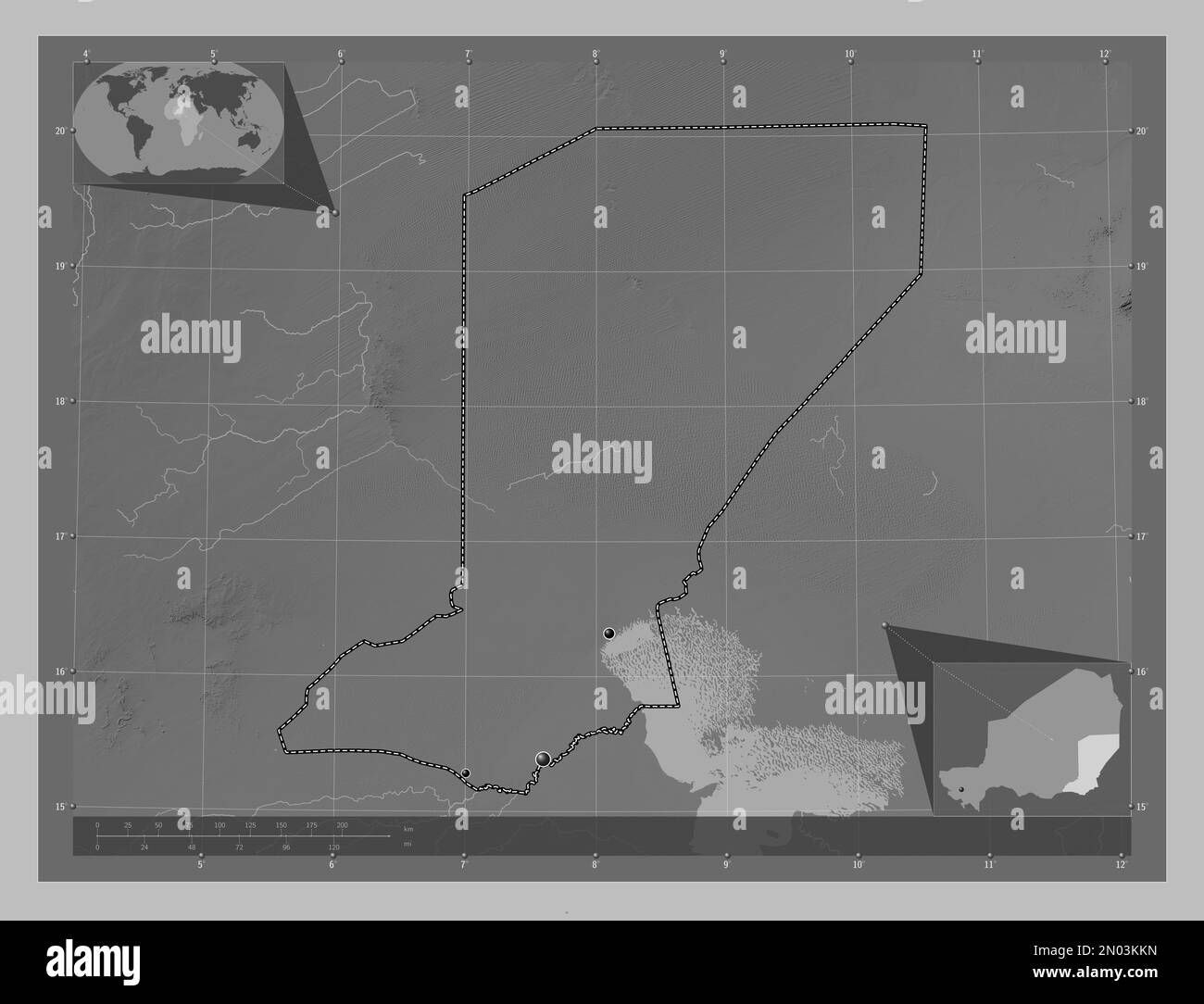 Diffa, department of Niger. Grayscale elevation map with lakes and ...