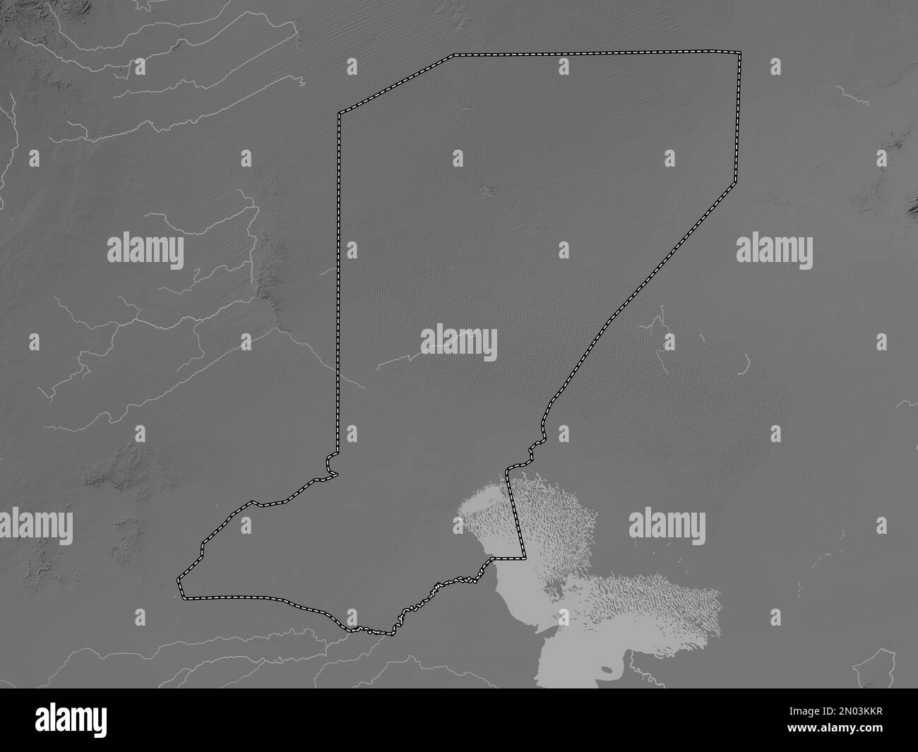 Diffa, department of Niger. Grayscale elevation map with lakes and ...